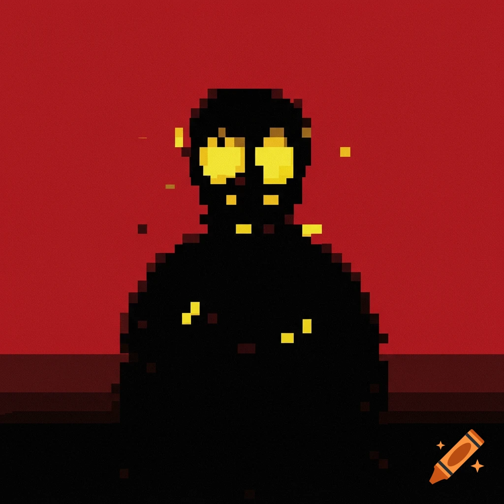 A pixel art grim reaper with glowing red eyes, wearing a dark cloak and ...
