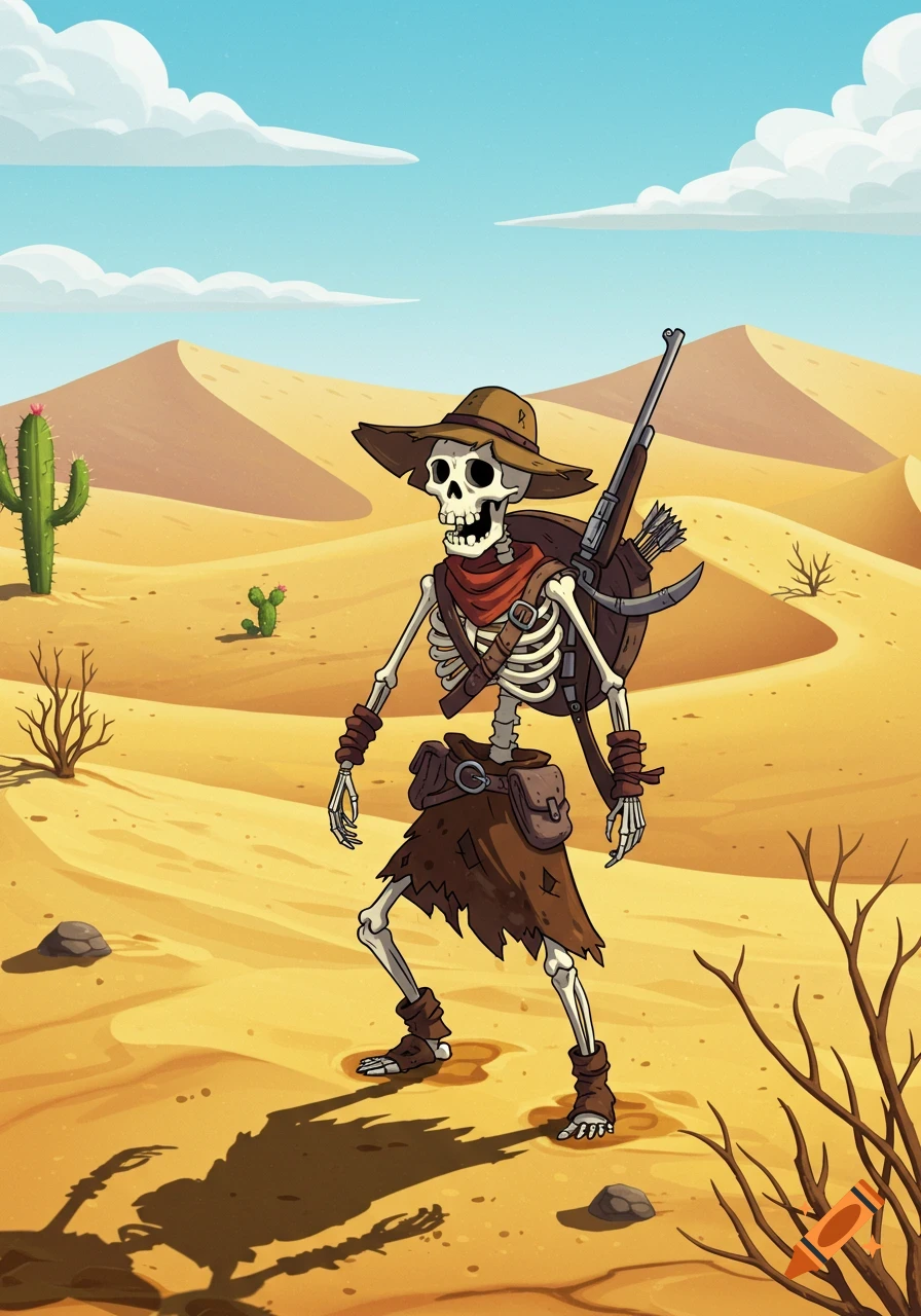 A cartoon skeleton hunter in a hat, carrying a rifle and quiver, stands ...