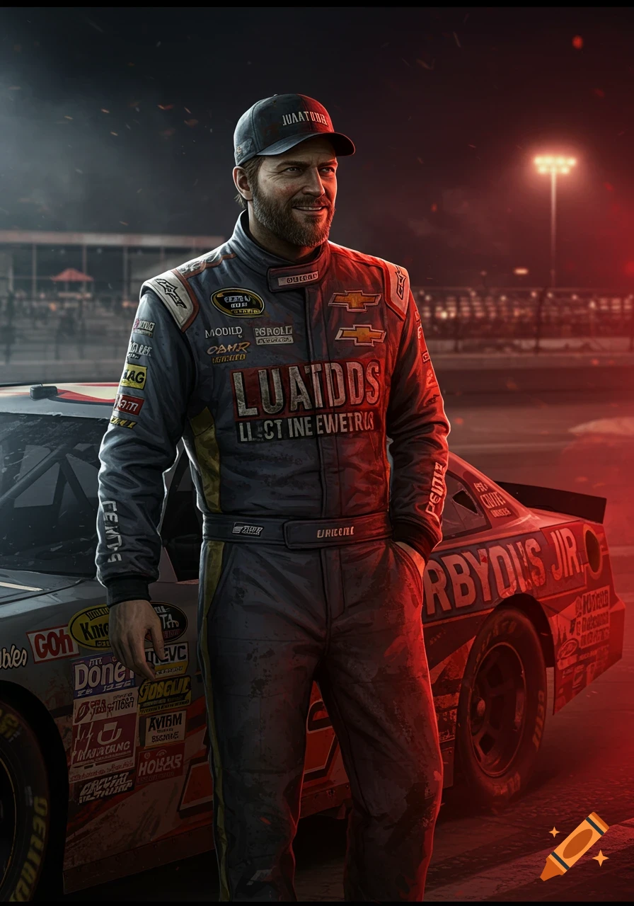 A smiling man in a racing suit and cap stands beside a race car at ...