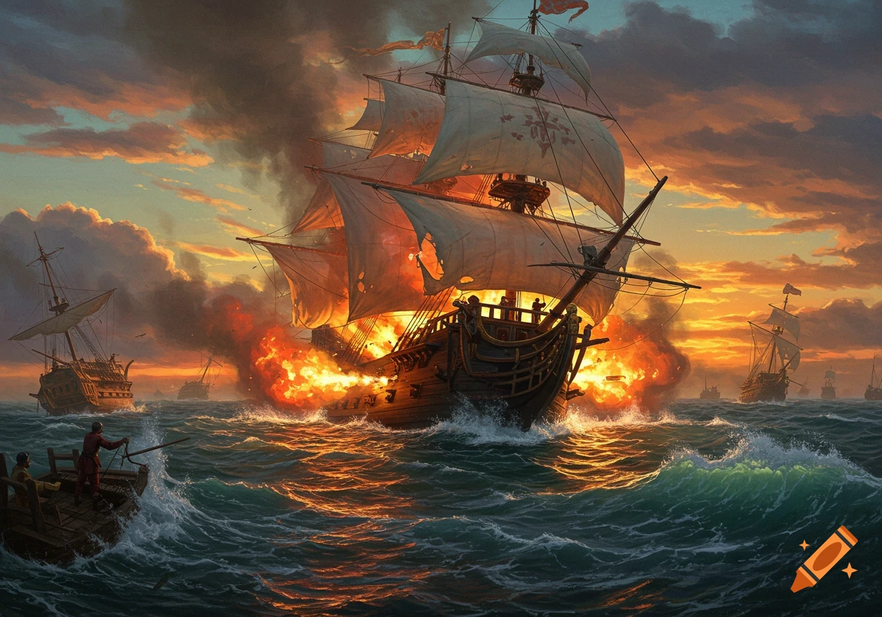 An oil painting depicts a dramatic 17th-century naval battle with Dutch ...