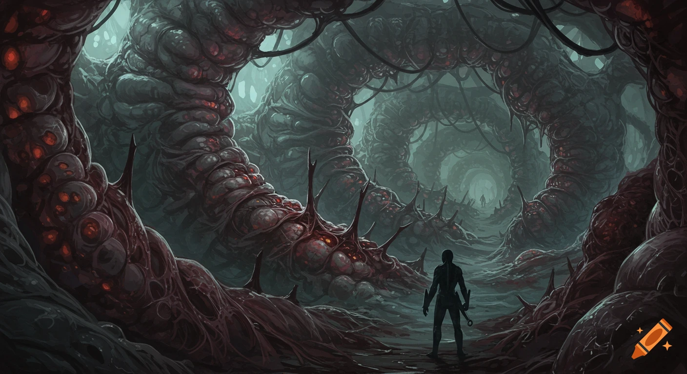 A skeletal, green-skinned monstrous figure with glowing white eyes and ...