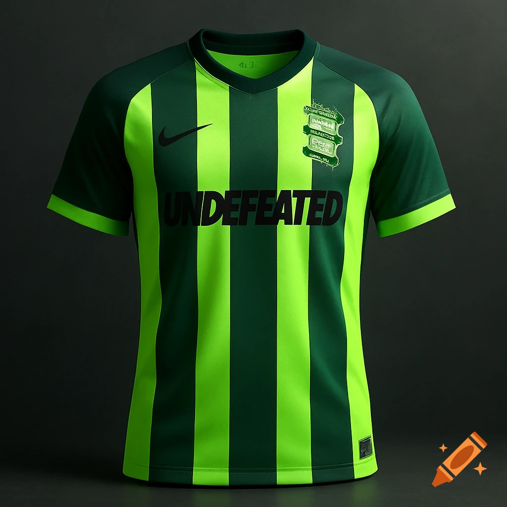 A photorealistic image of a green and lime green striped soccer jersey ...