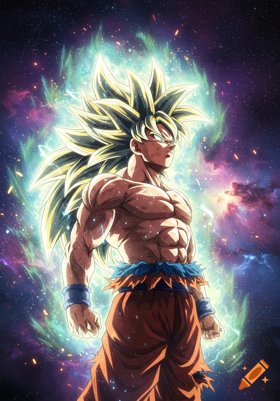 Anime illustration of Goku, shirtless and muscular, surrounded by a ...