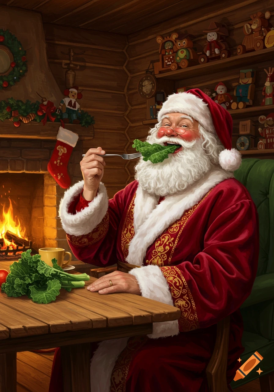 Smiling Santa Claus in a red suit eating kale with a fork in a cozy ...
