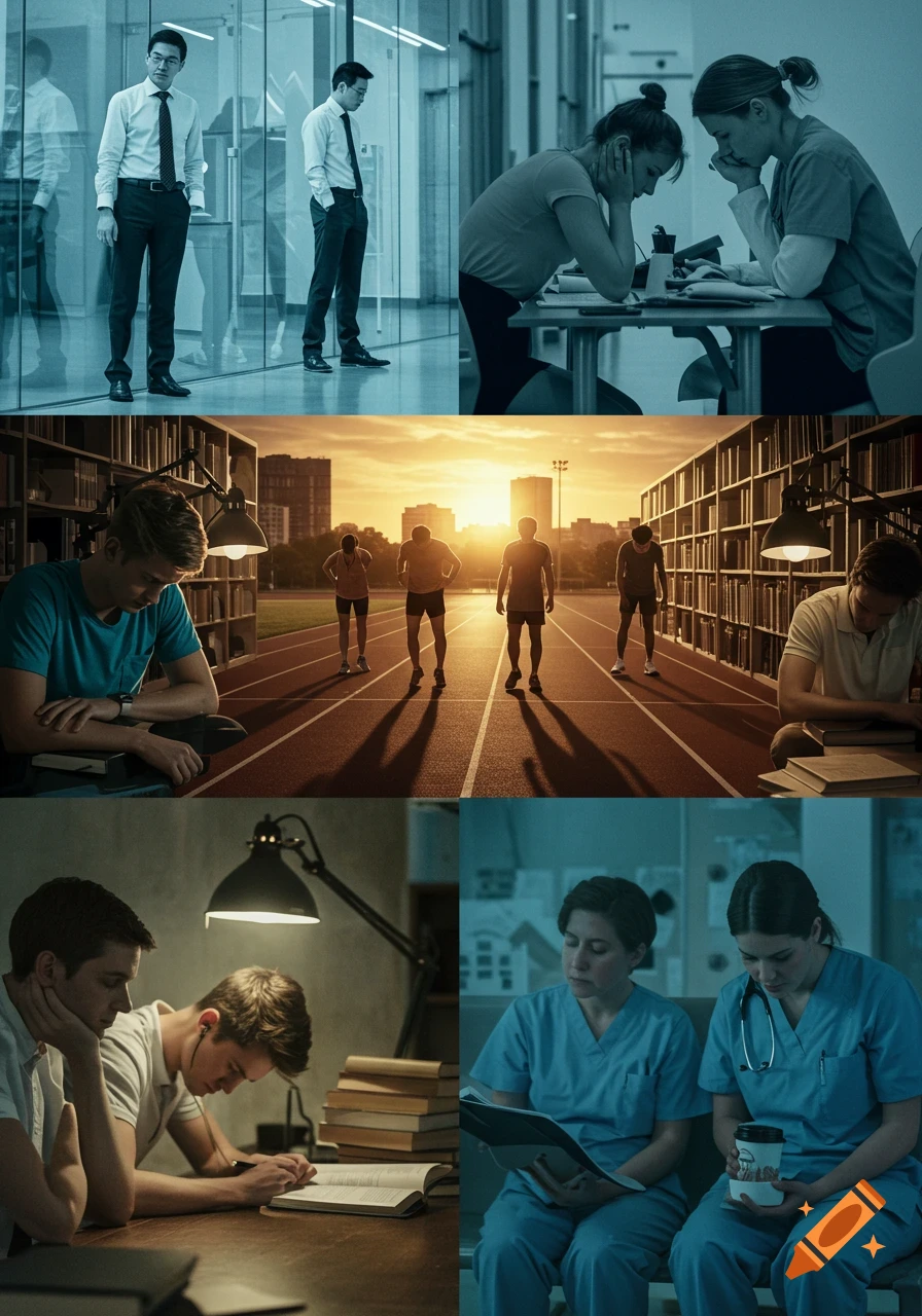 A collage of diverse individuals and groups appearing exhausted in ...