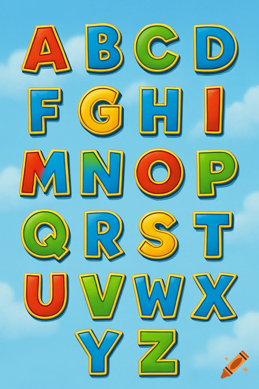 Colorful cartoon alphabet letters A-Z on a blue sky background. on Craiyon