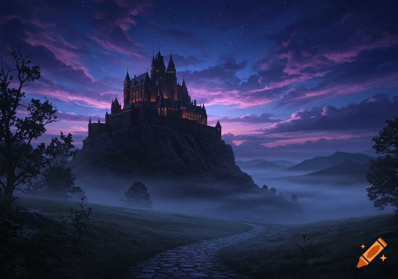 A stone castle with spired towers sits atop a rocky cliff overlooking a ...