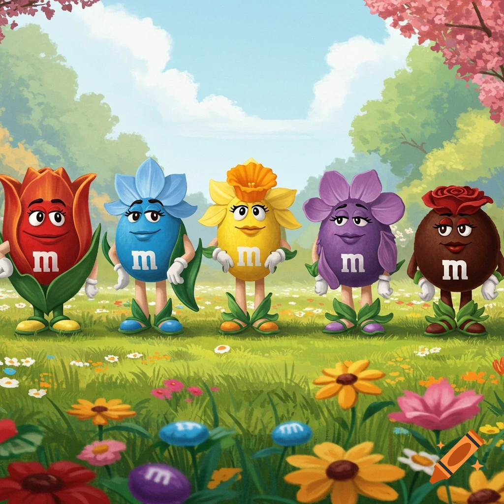 Five M&M characters dressed as flowers stand in a vibrant green field ...