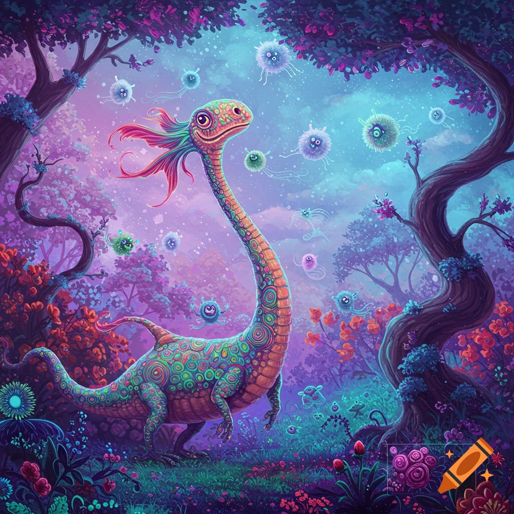 A whimsical, colorful, long-necked fantasy creature with intricate ...