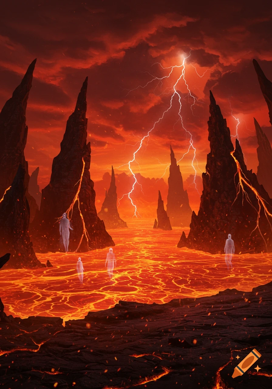 A dark fantasy depiction of a hellish landscape with lava rivers, fiery ...