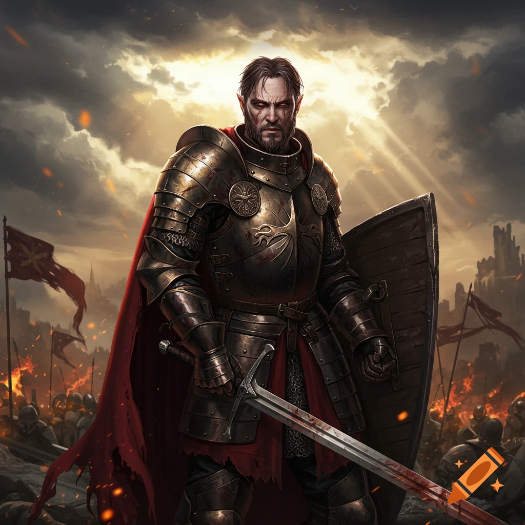 A battle-hardened knight in dark, ornate armor stands on a fiery battlefield, holding a bloodied ...