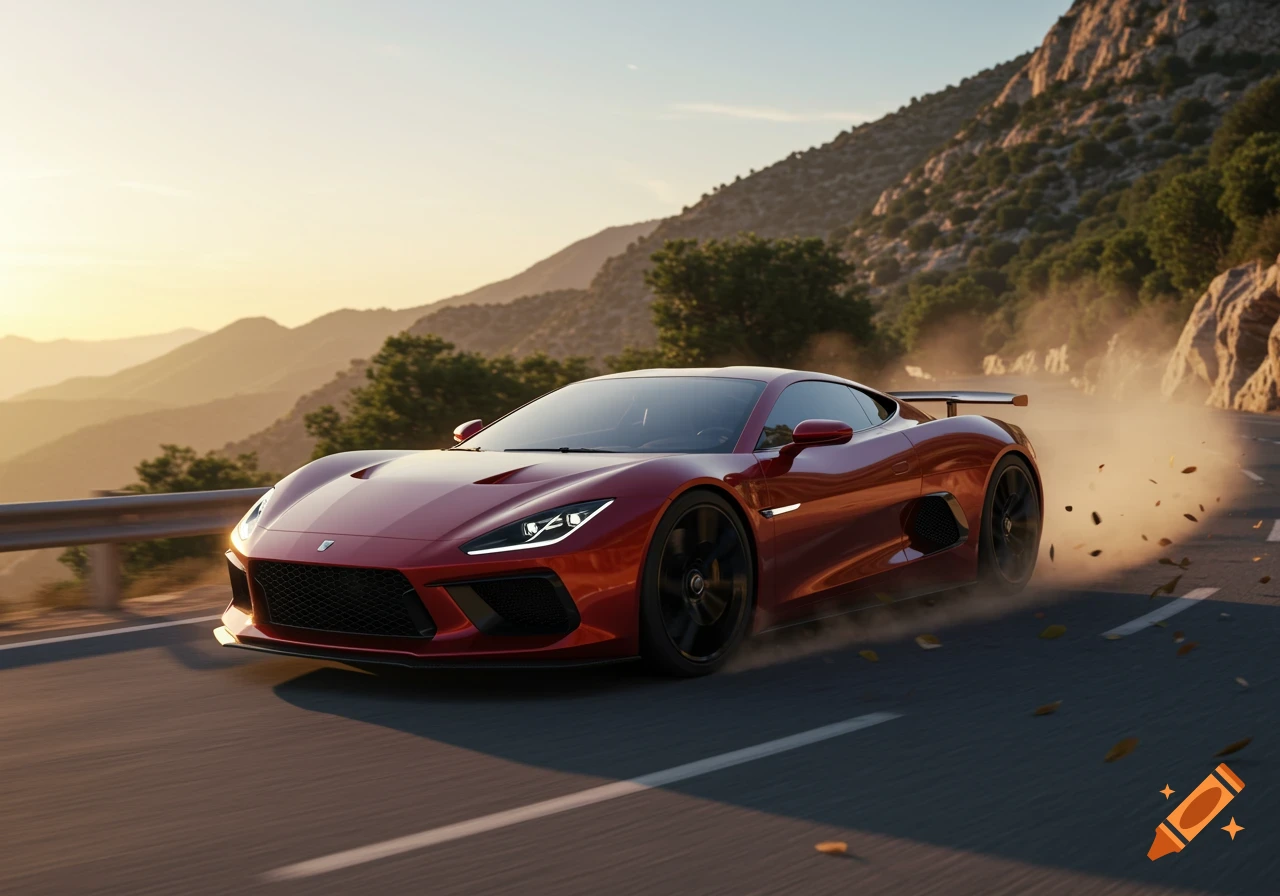 A photorealistic red sports car drives on a winding mountain road at sunset, stirring up dust ...