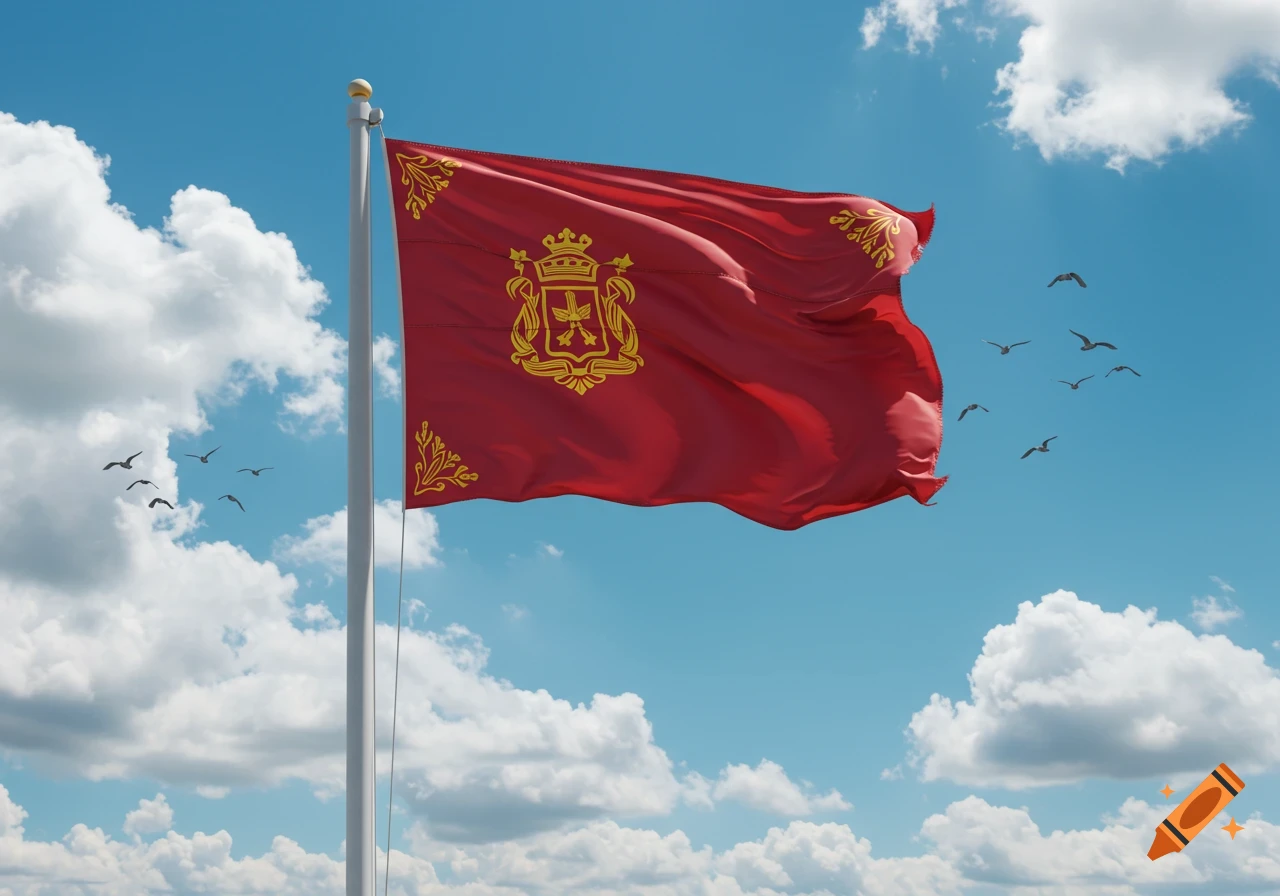 A yellow and green flag with a central crest-like emblem featuring a ...