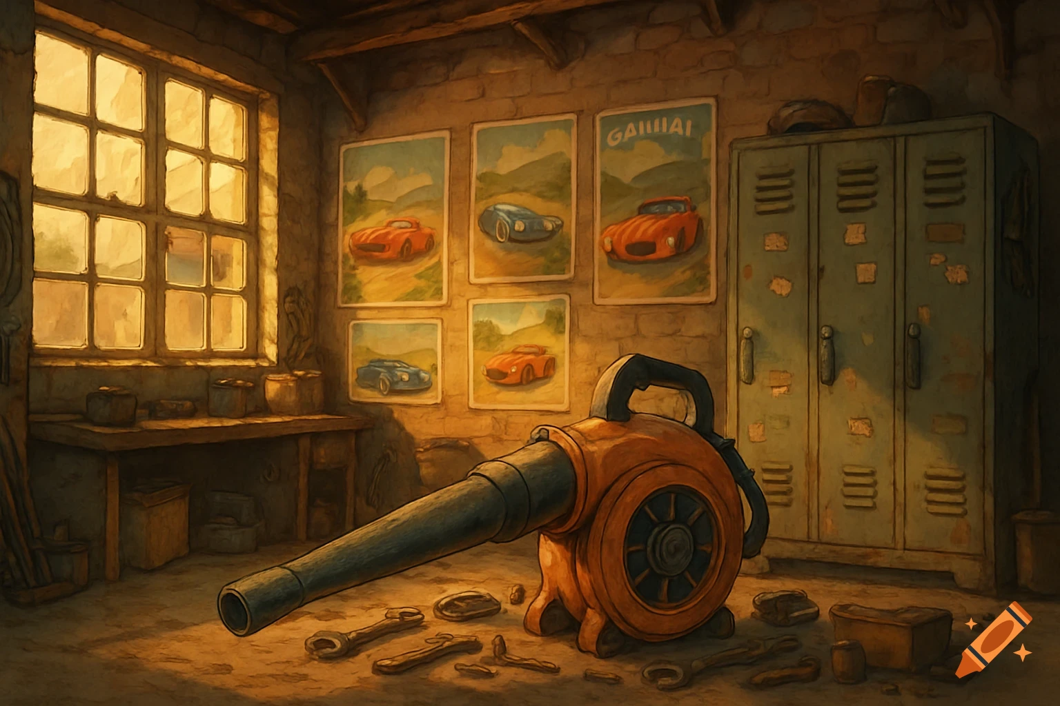Studio Ghibli style illustration of an old auto garage with an orange ...