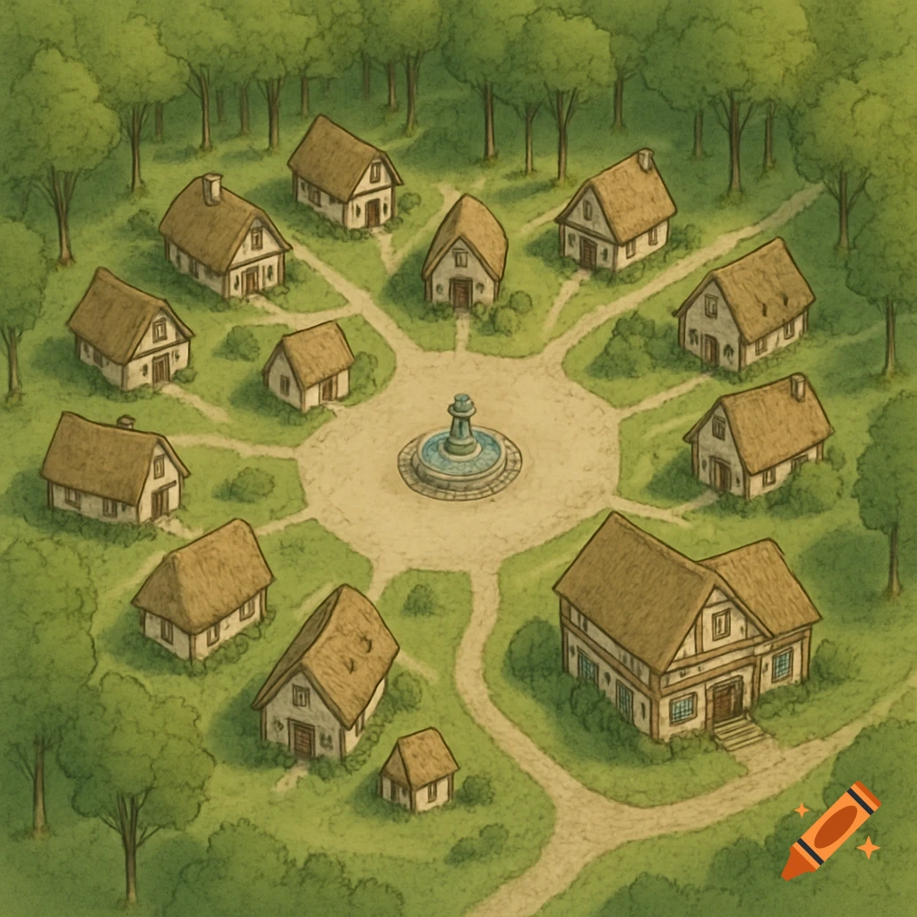 An isometric illustrated map of a village with about a dozen houses, a ...