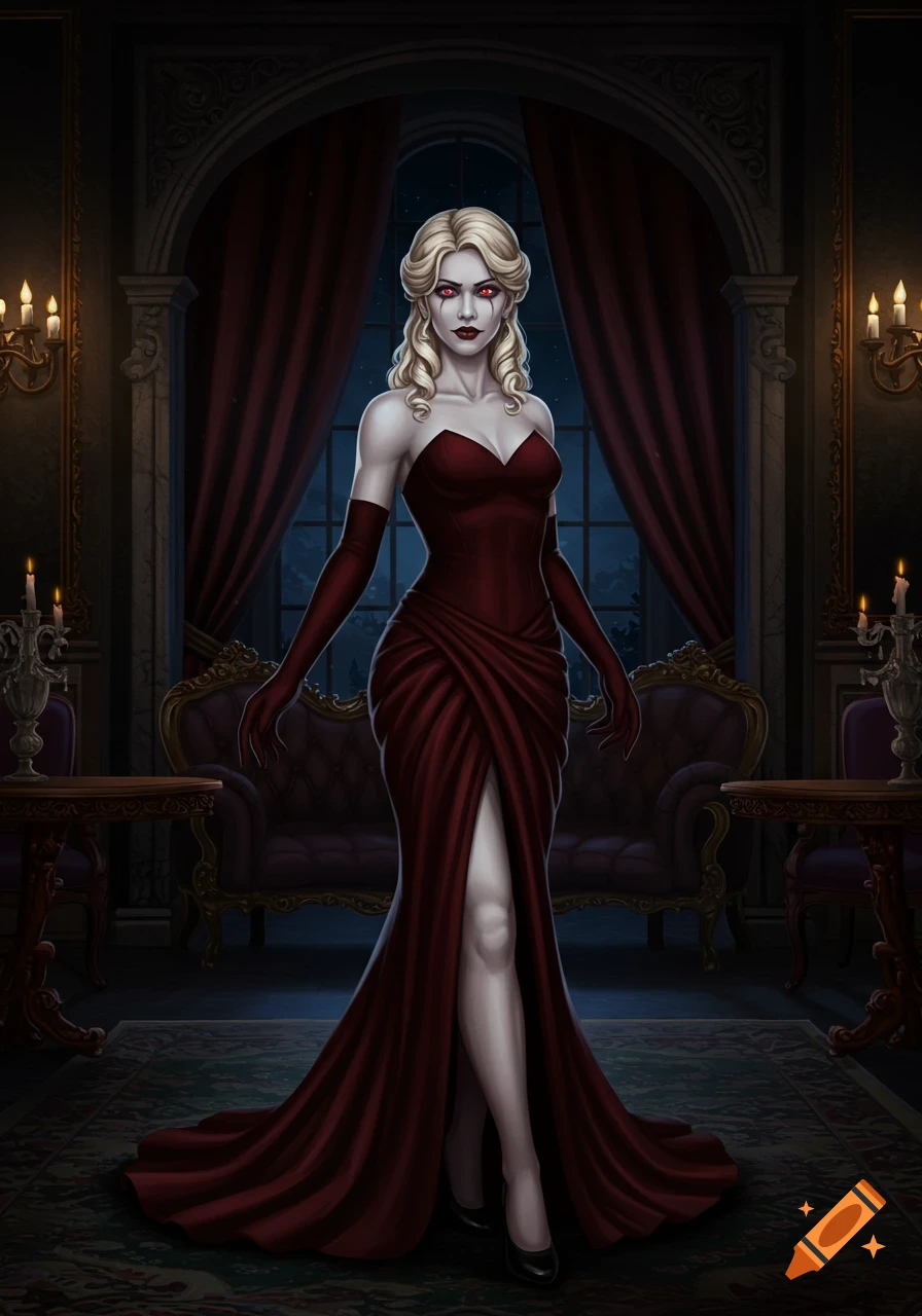 A gothic vampire woman with blonde hair, red eyes, and pale skin in a ...