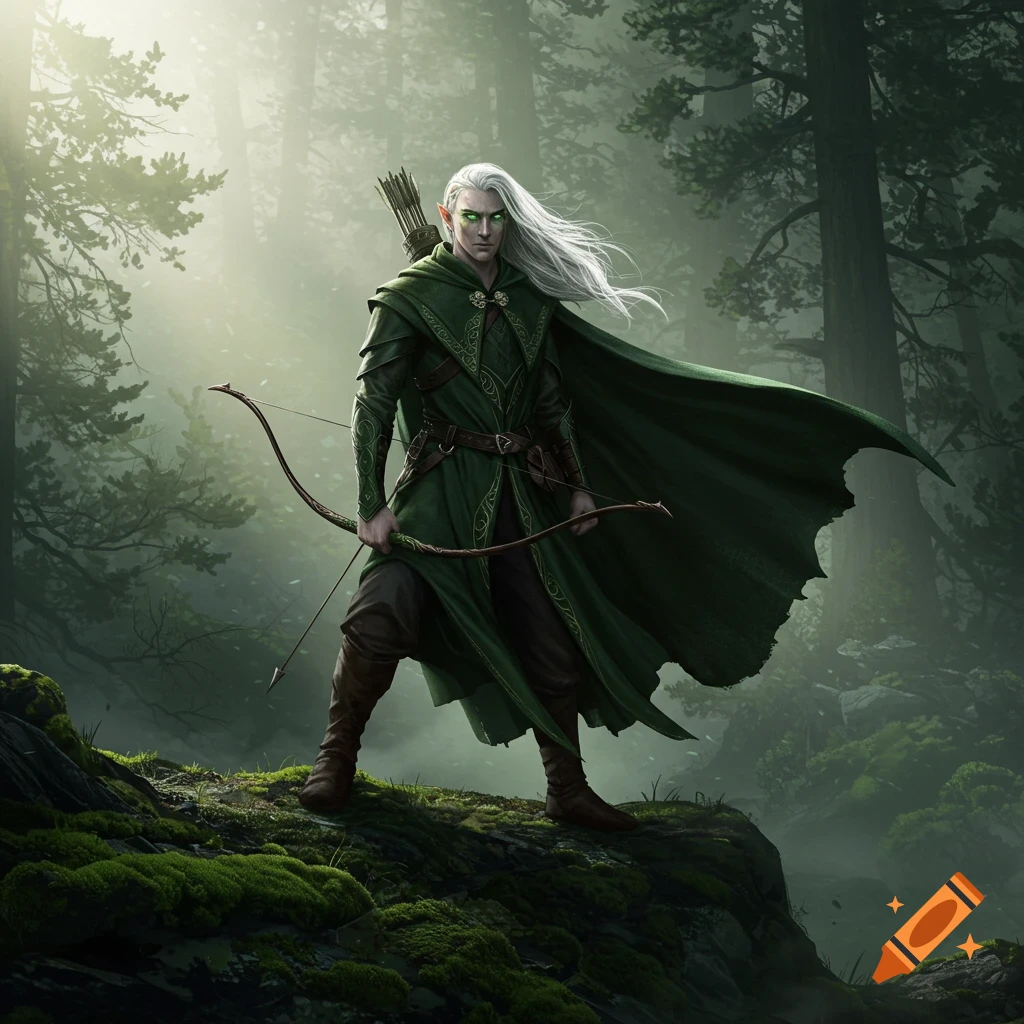 A hyper-detailed elven ranger with silver hair and green eyes stands ...