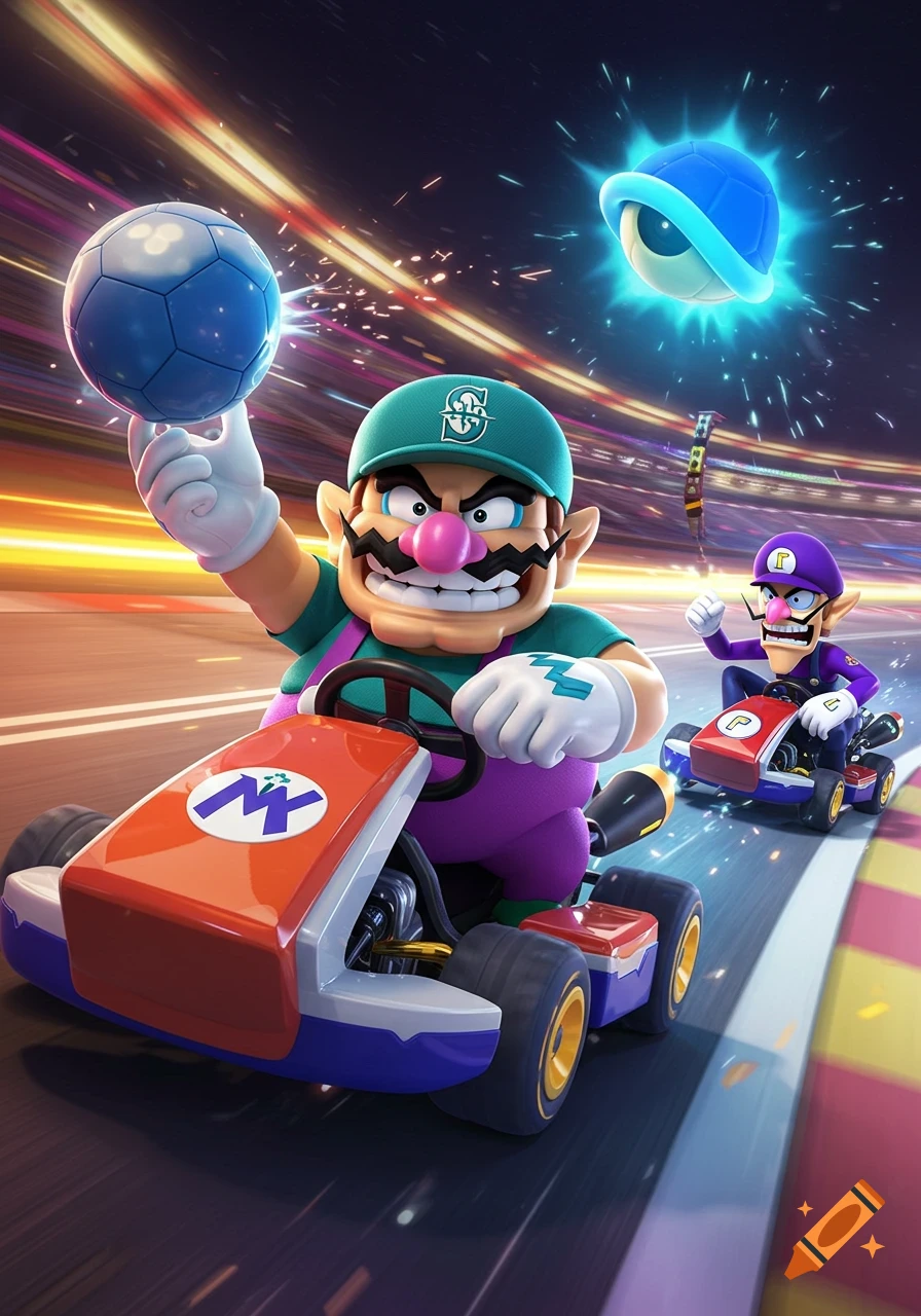 Mario races in a large silver rocket-powered kart, spewing flames from ...