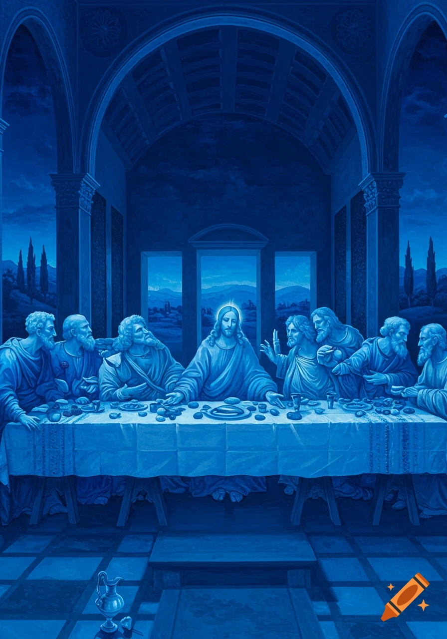 A blue-toned painting depicting Jesus and his disciples gathered around ...