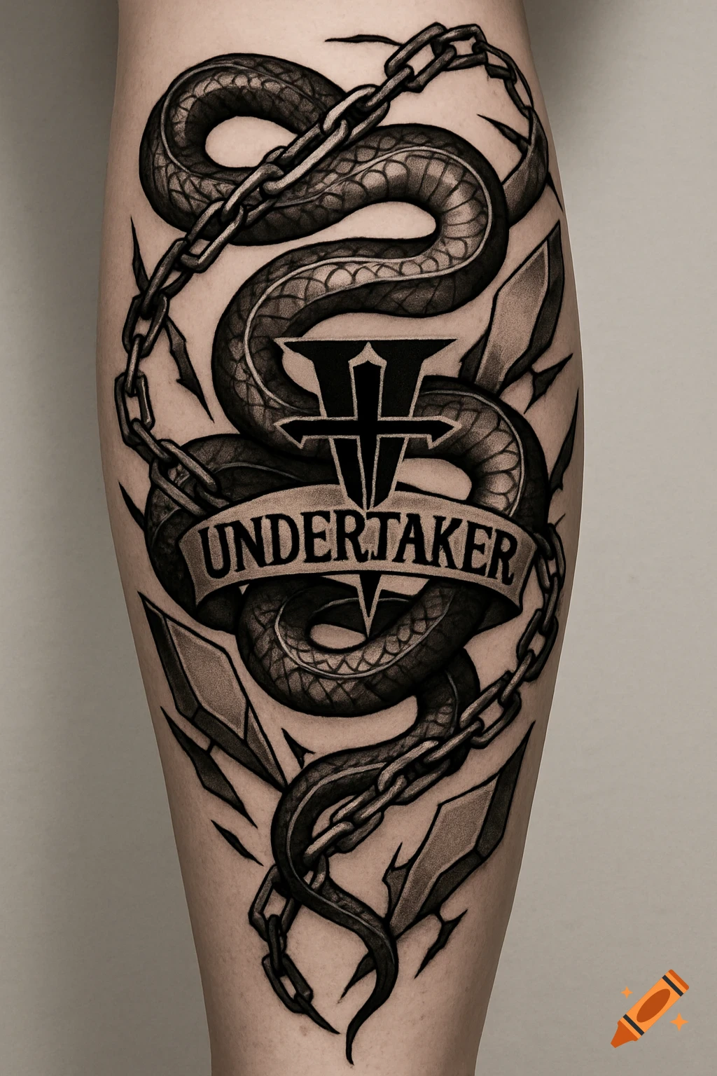 Black and grey anime-style leg tattoo featuring a snake, chains, sharp ...