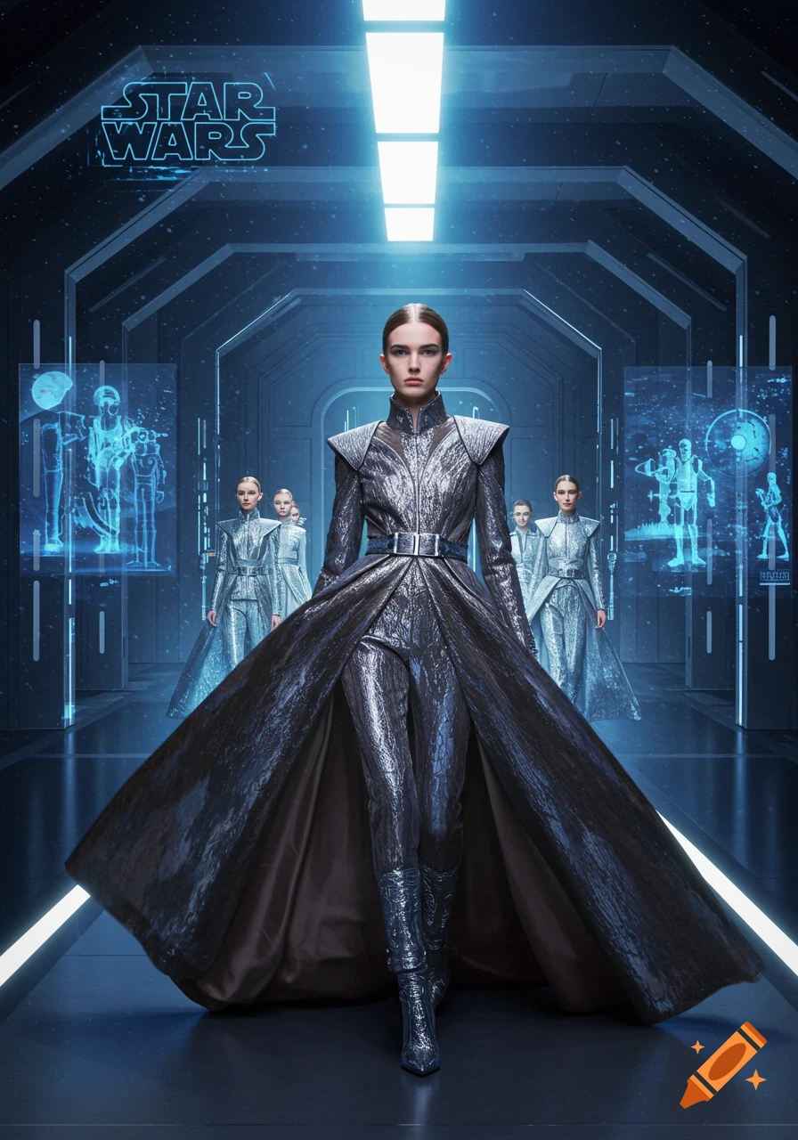 A woman in a long, metallic silver coat walks in a futuristic corridor ...
