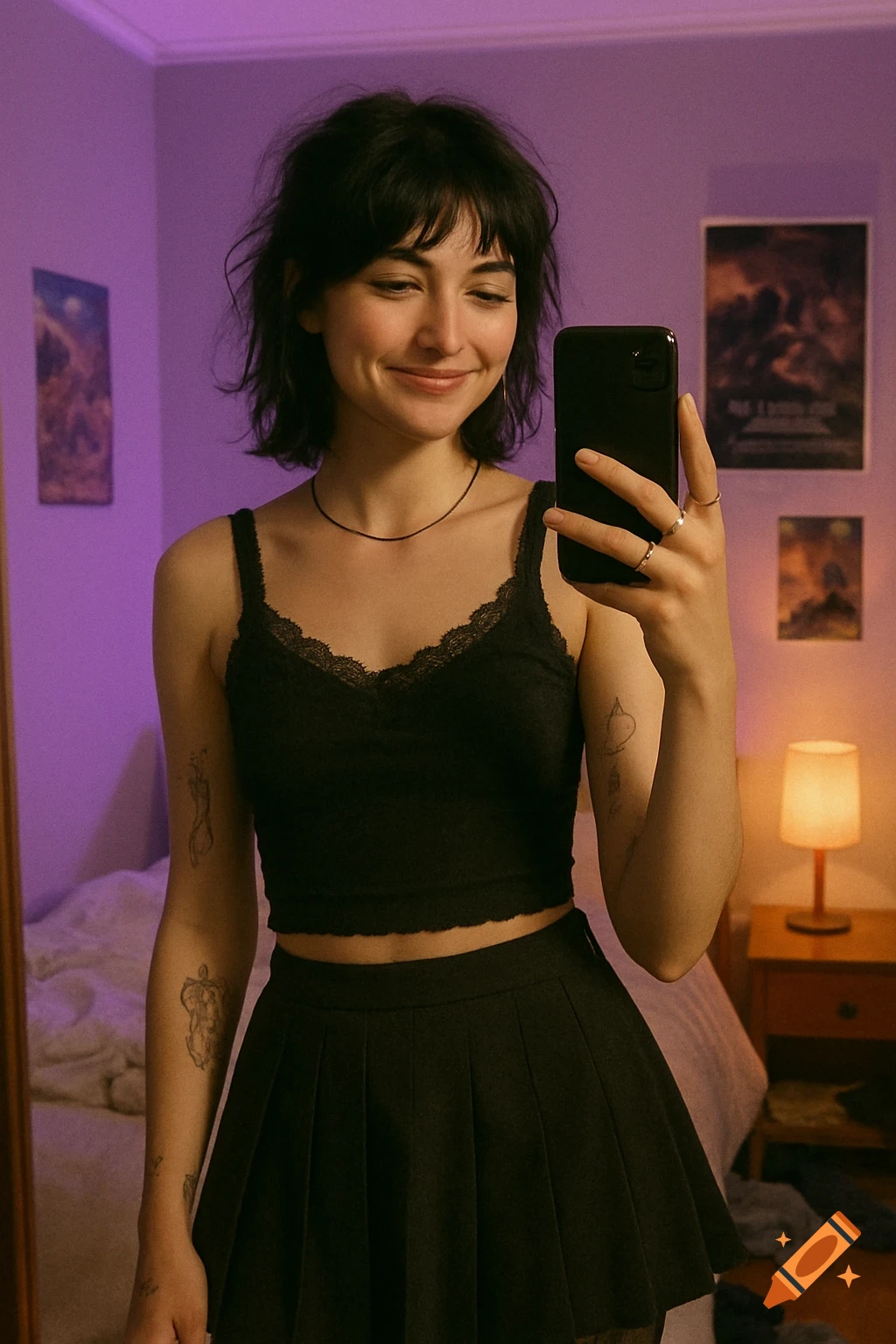 A young woman with black hair and glasses wearing a black crop top and ...