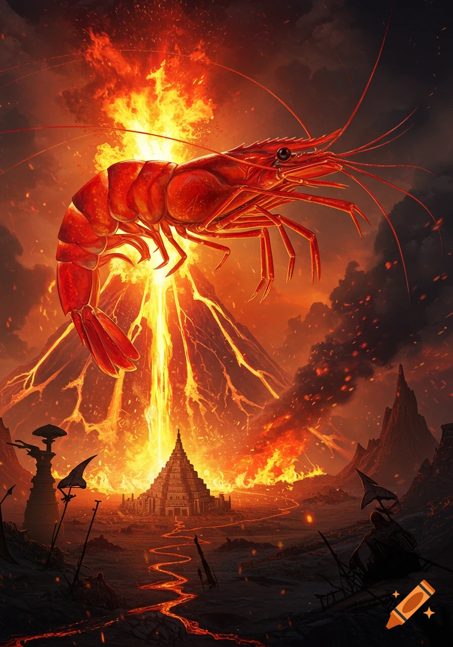 A giant red shrimp hovers over a dramatic volcanic eruption, with lava ...
