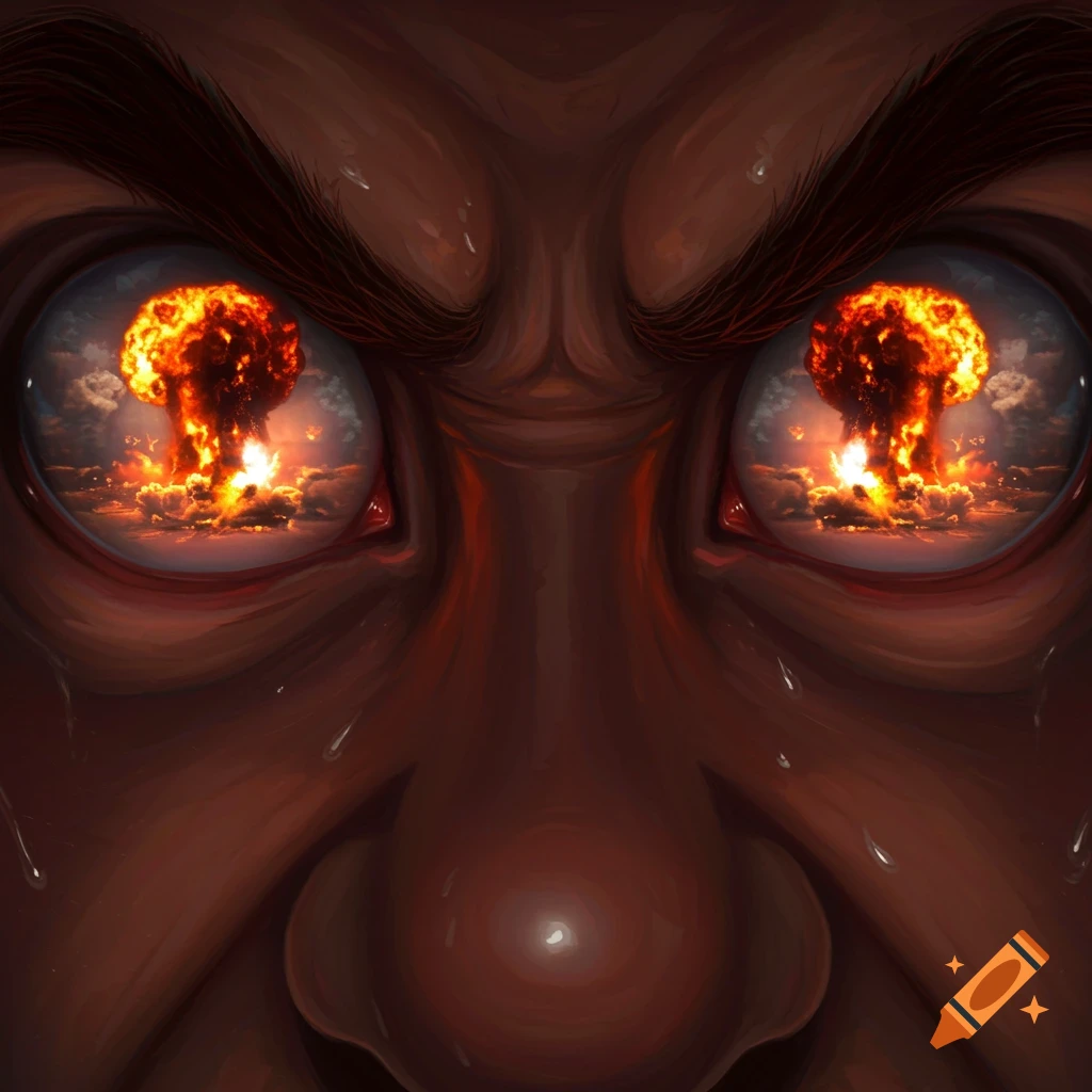 Extreme close-up of a stylized, angry face with mushroom cloud ...