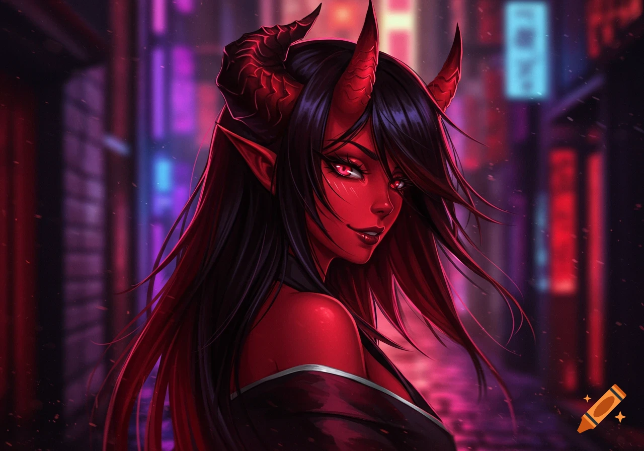 Anime portrait of a red-skinned demon girl with black and pink hair ...