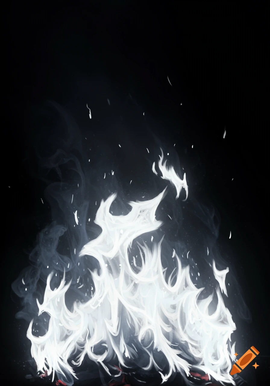 Stylized white flames and smoke rising against a dark, almost black background. on Craiyon