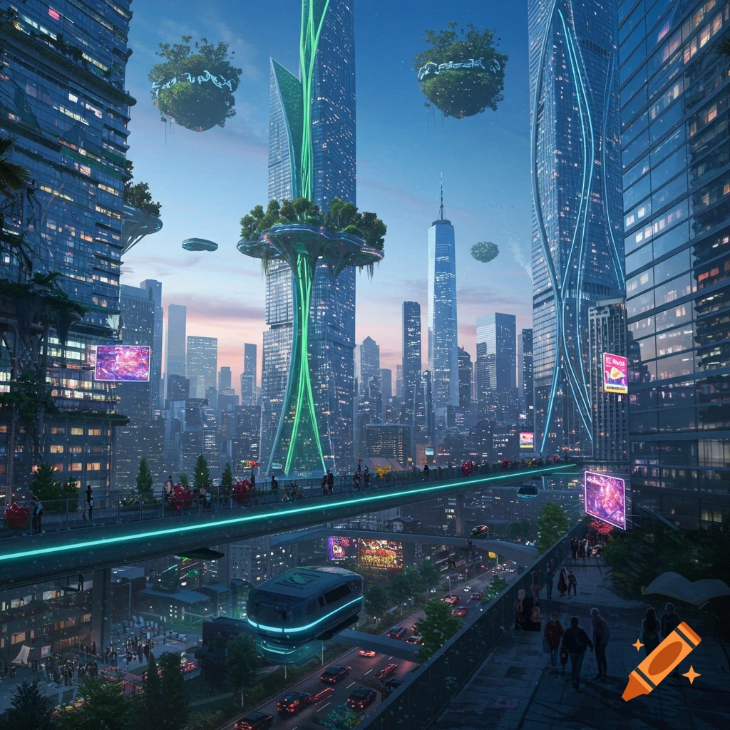 A photorealistic image of a futuristic city with tall skyscrapers, sky gardens, floating islands ...