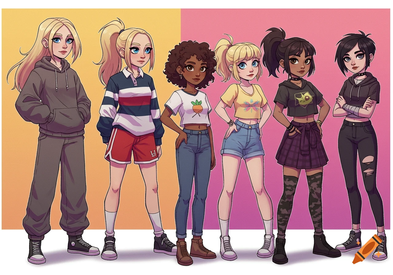 Four diverse young women in various casual outfits, standing against a ...