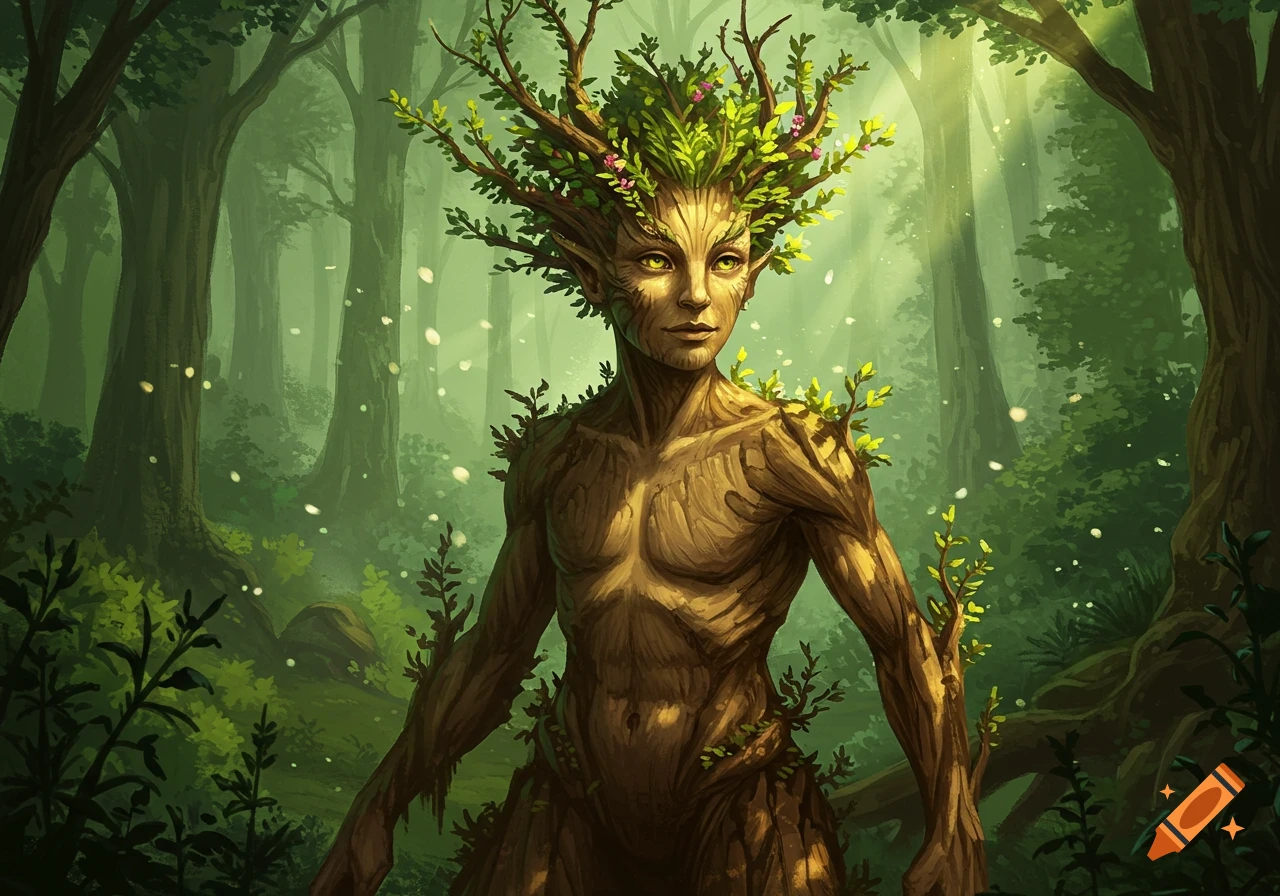 A smiling, cartoonish tree creature with thin limbs and leaves for hair ...