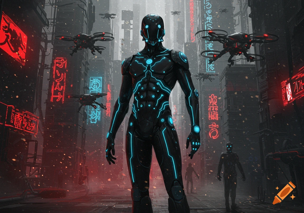 A metallic, square-headed robot with glowing eyes stands in a neon-lit ...