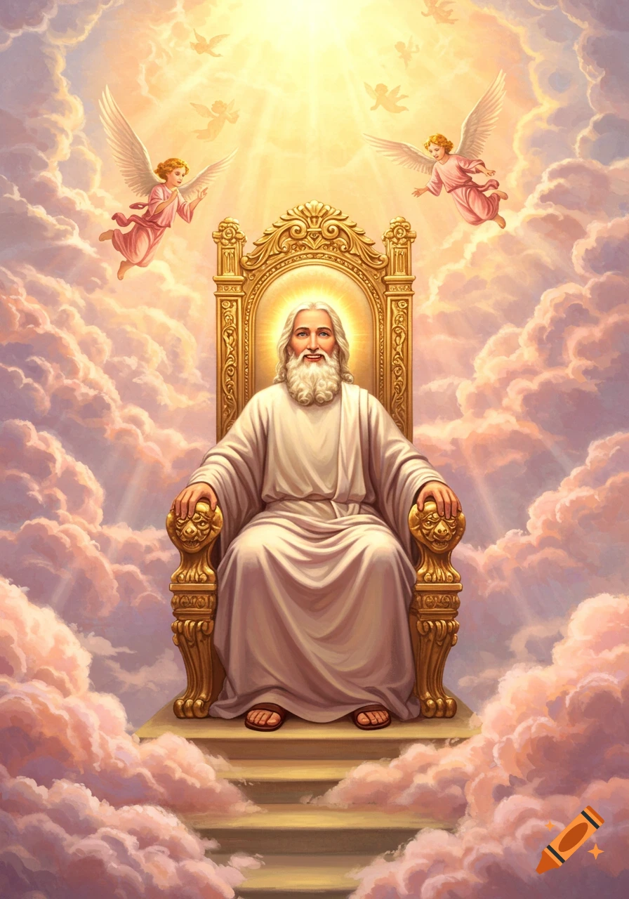 God the Father with a long white beard sits on a golden throne amidst ...