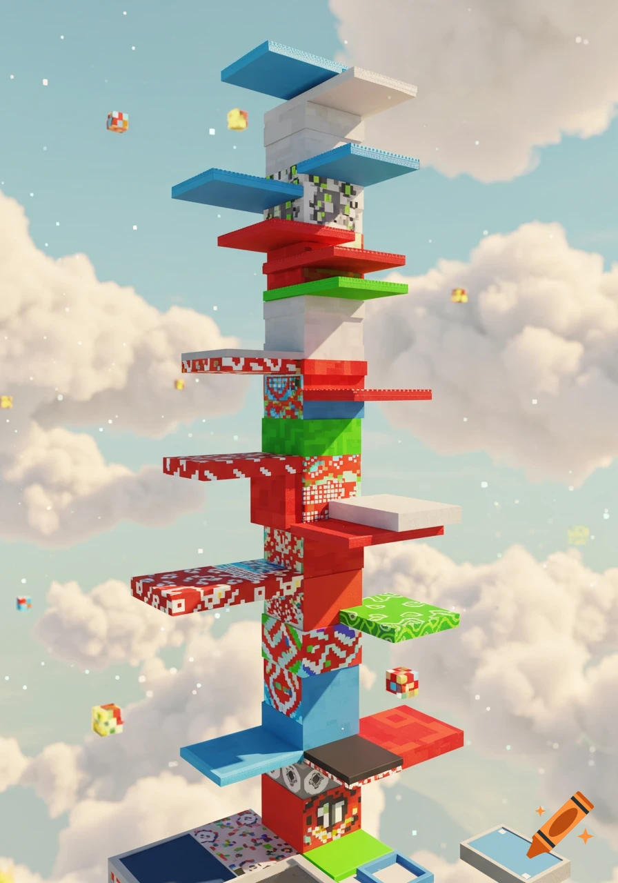 A tall, colorful pixelated tower resembling a Roblox obby, made of ...