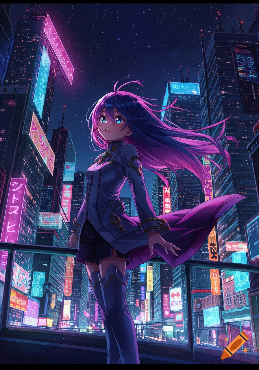 Group of anime characters walking down a vibrant, neon-lit city street ...