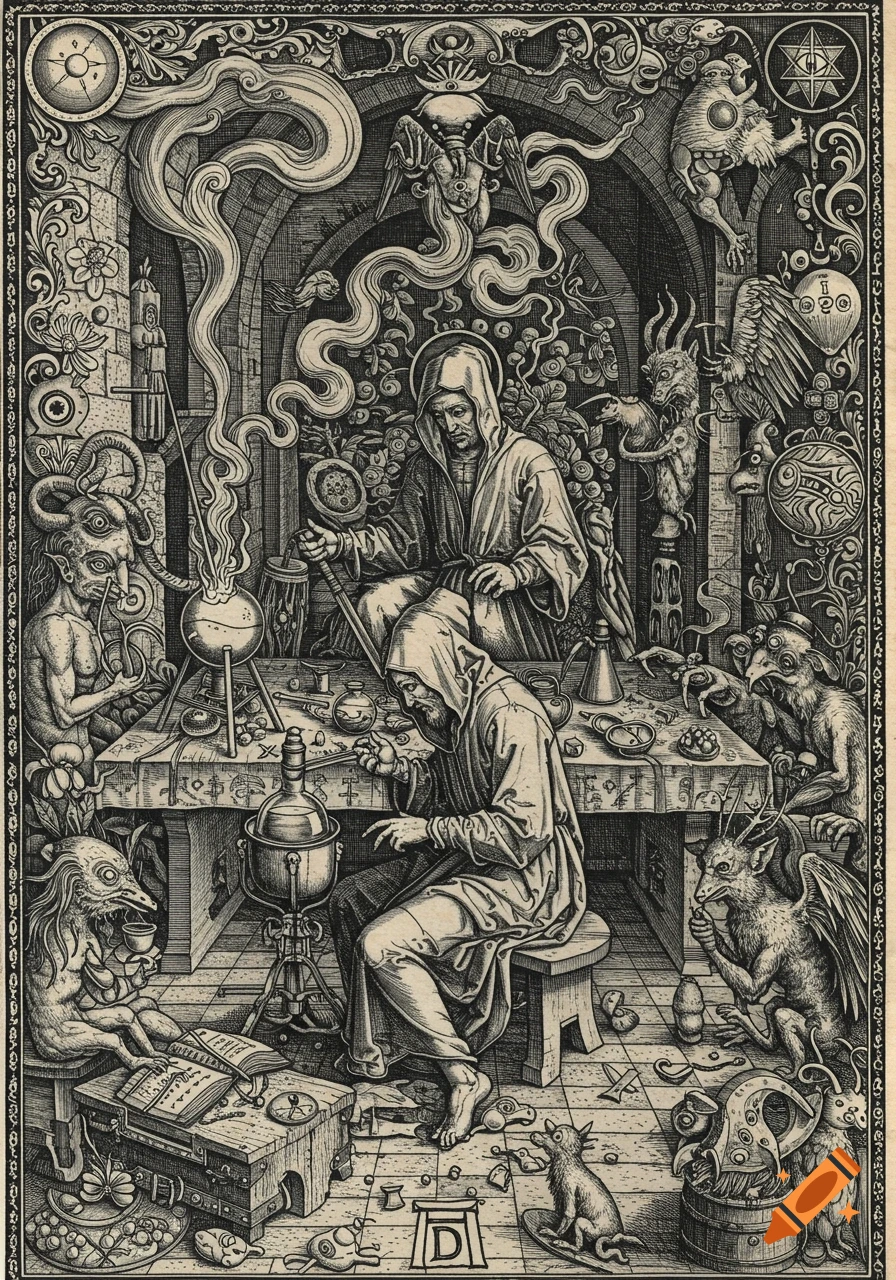 An intricate black and white engraving-style illustration of a medieval ...