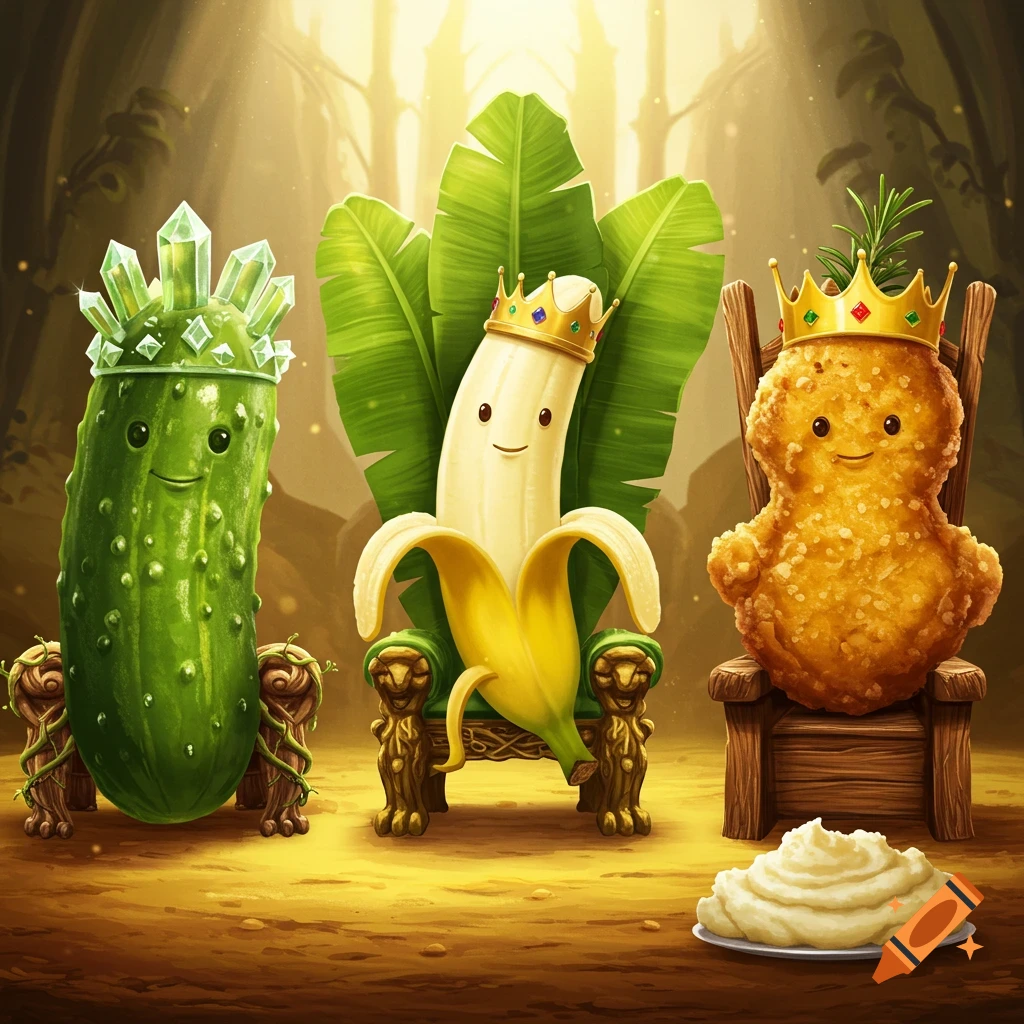A cartoon pickle king, banana king, and chicken nugget king sit on thrones in a golden forest ...