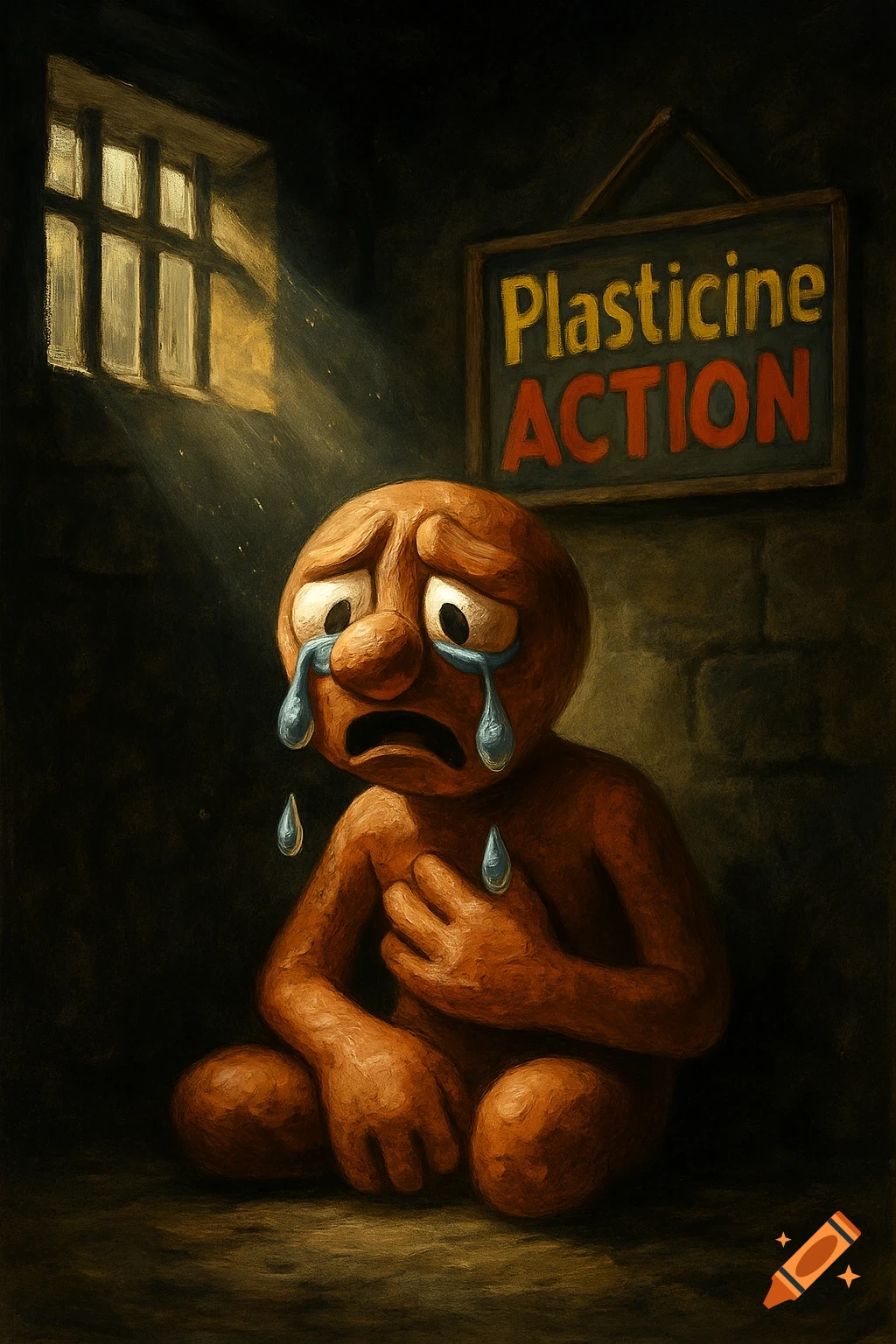 A sad, brown clay figure cries in a dimly lit cell with a barred window ...