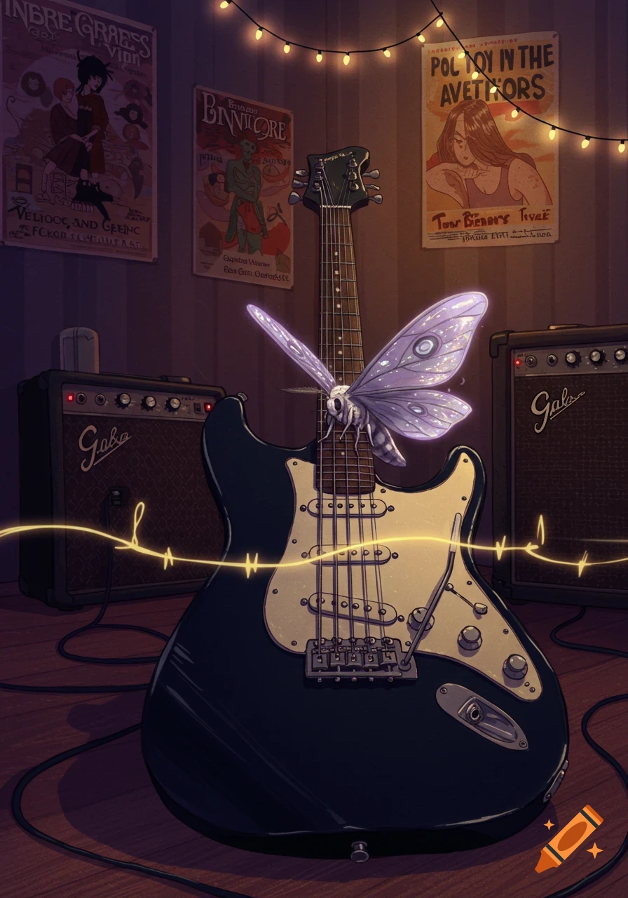 A cheerful red cartoon car with big eyes plays an electric guitar on a ...