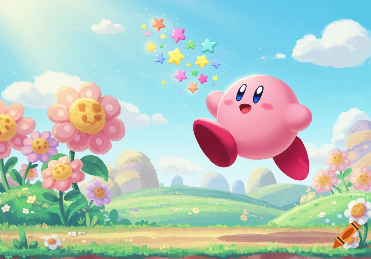 Cartoon Kirby devours a large pizza with stretchy cheese, surrounded by ...