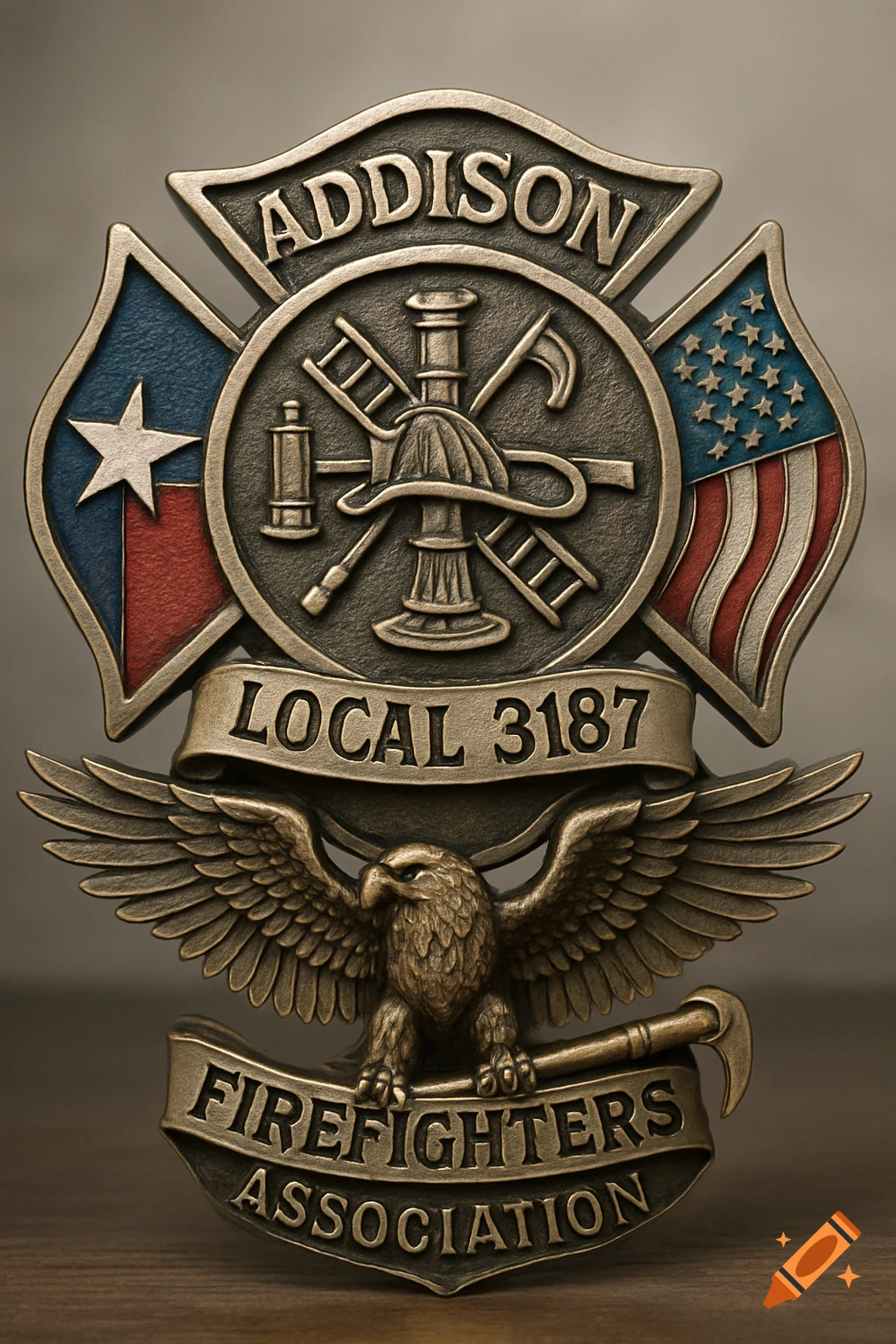 A detailed bronze firefighter Maltese cross badge features an eagle ...