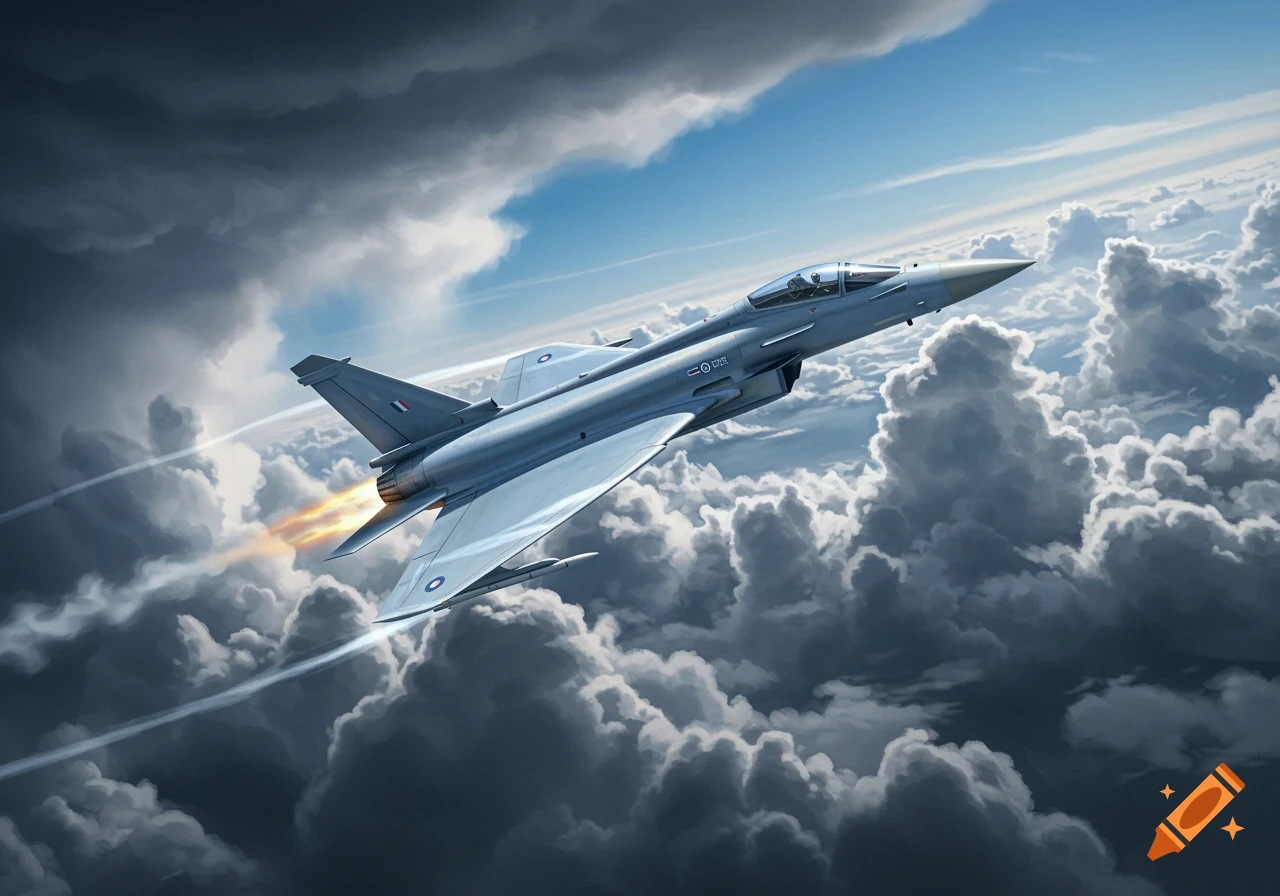 A grey Eurofighter Typhoon jet aircraft flying through a dramatic ...