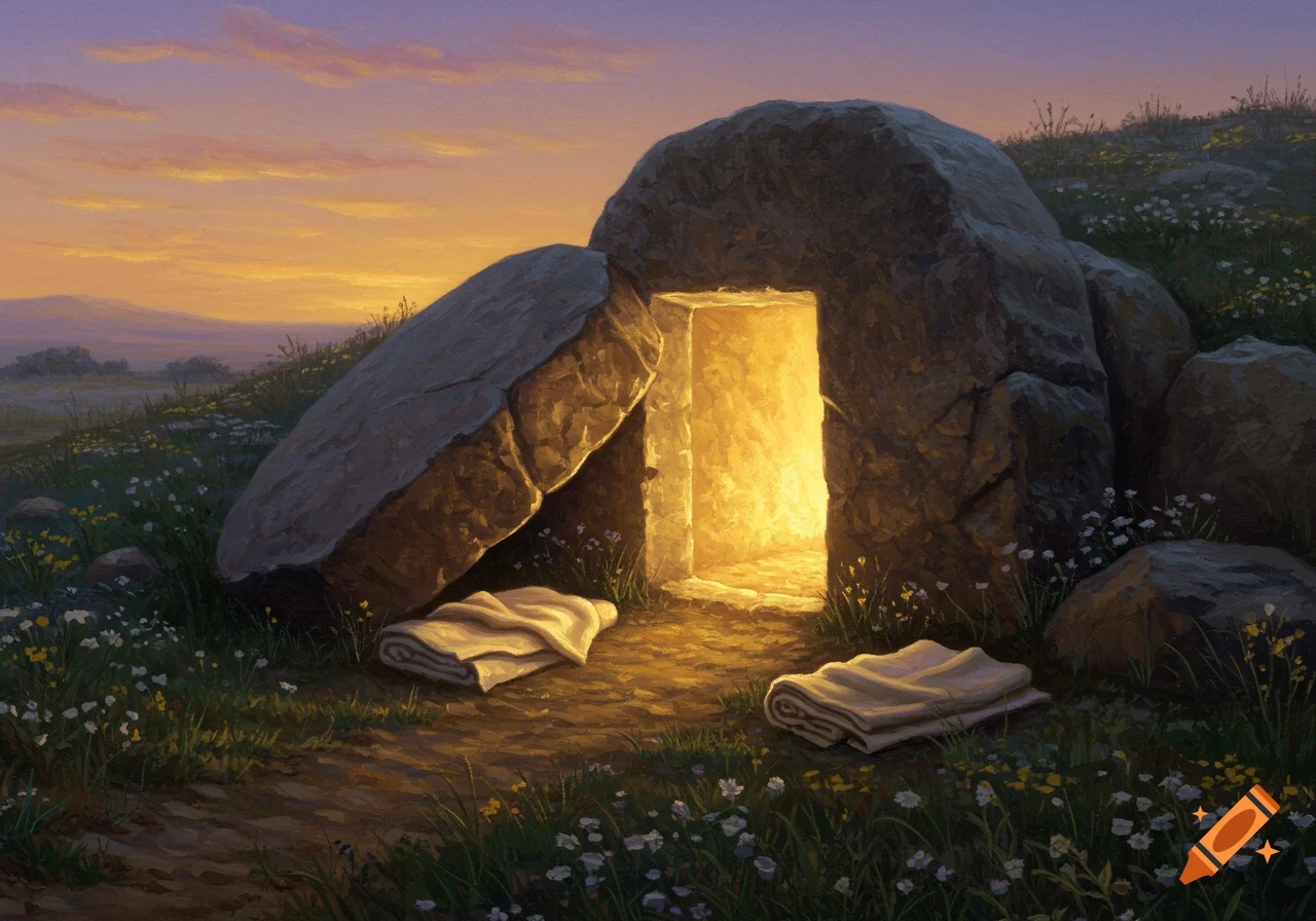 Oil painting of an empty tomb with golden light spilling out, grave cloths on the ground, set on ...