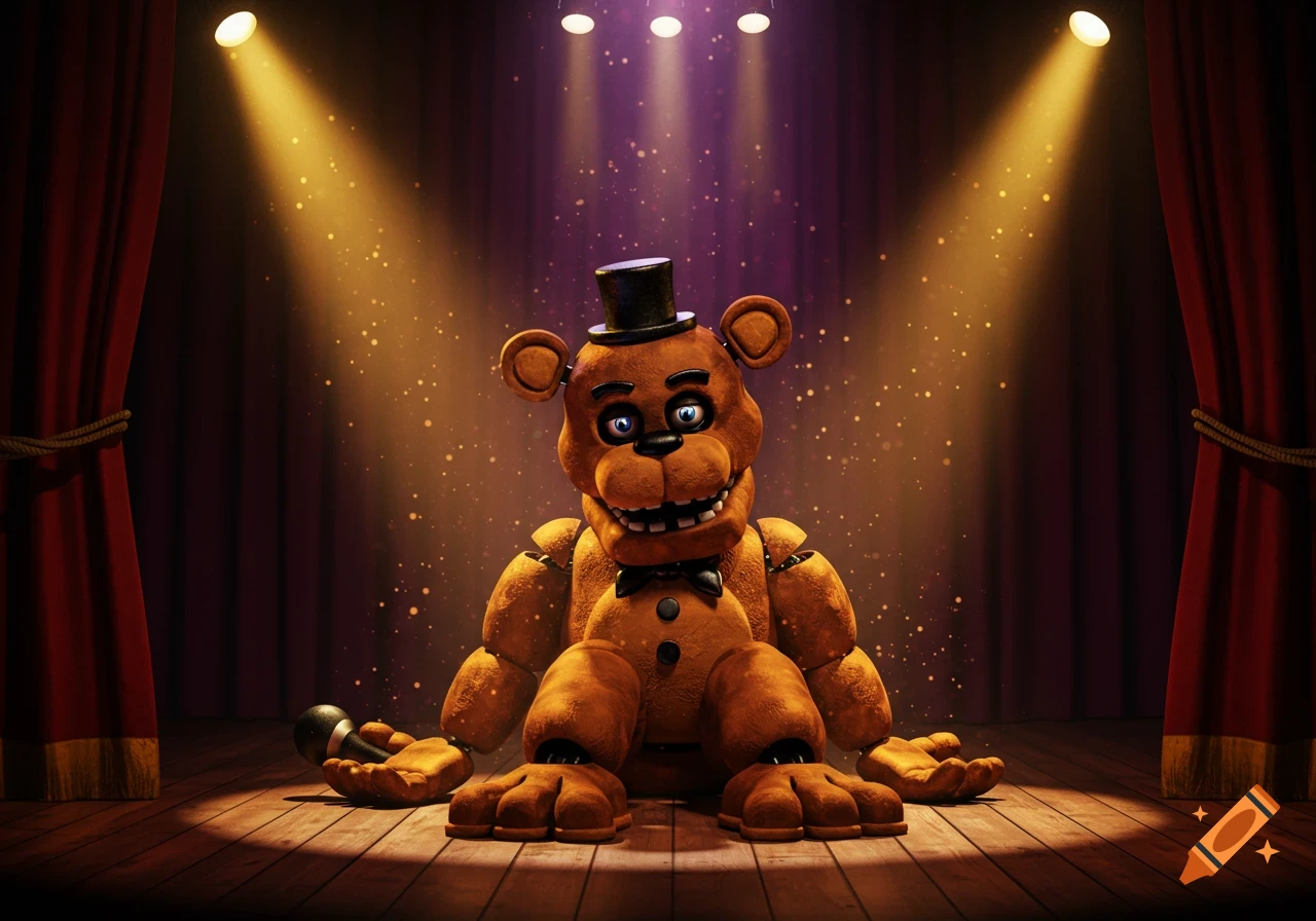 A purple animatronic rabbit, Bonnie from FNAF, poses on a smoky stage ...