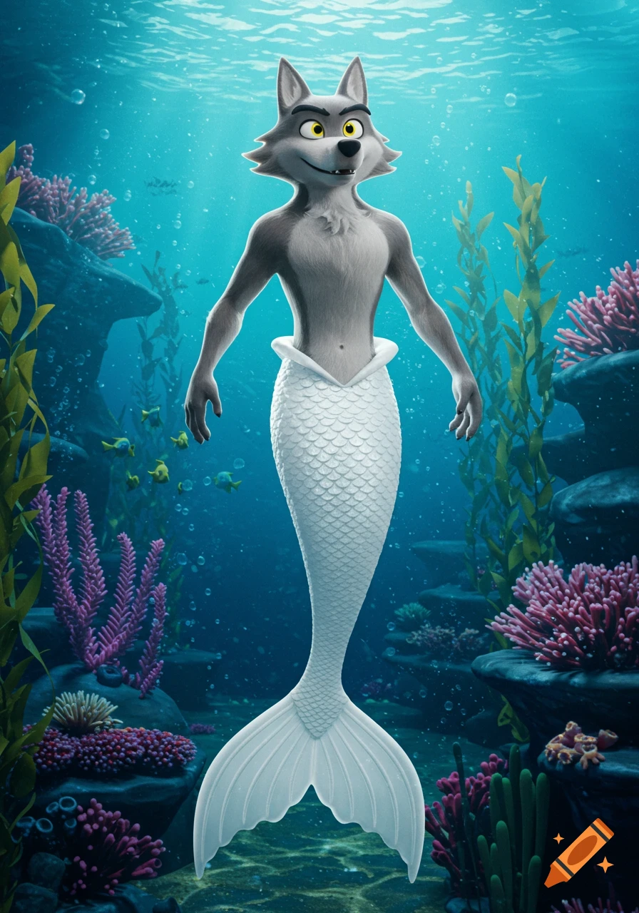 Puss in Boots as a mermaid sits on a rock in the ocean at sunset ...