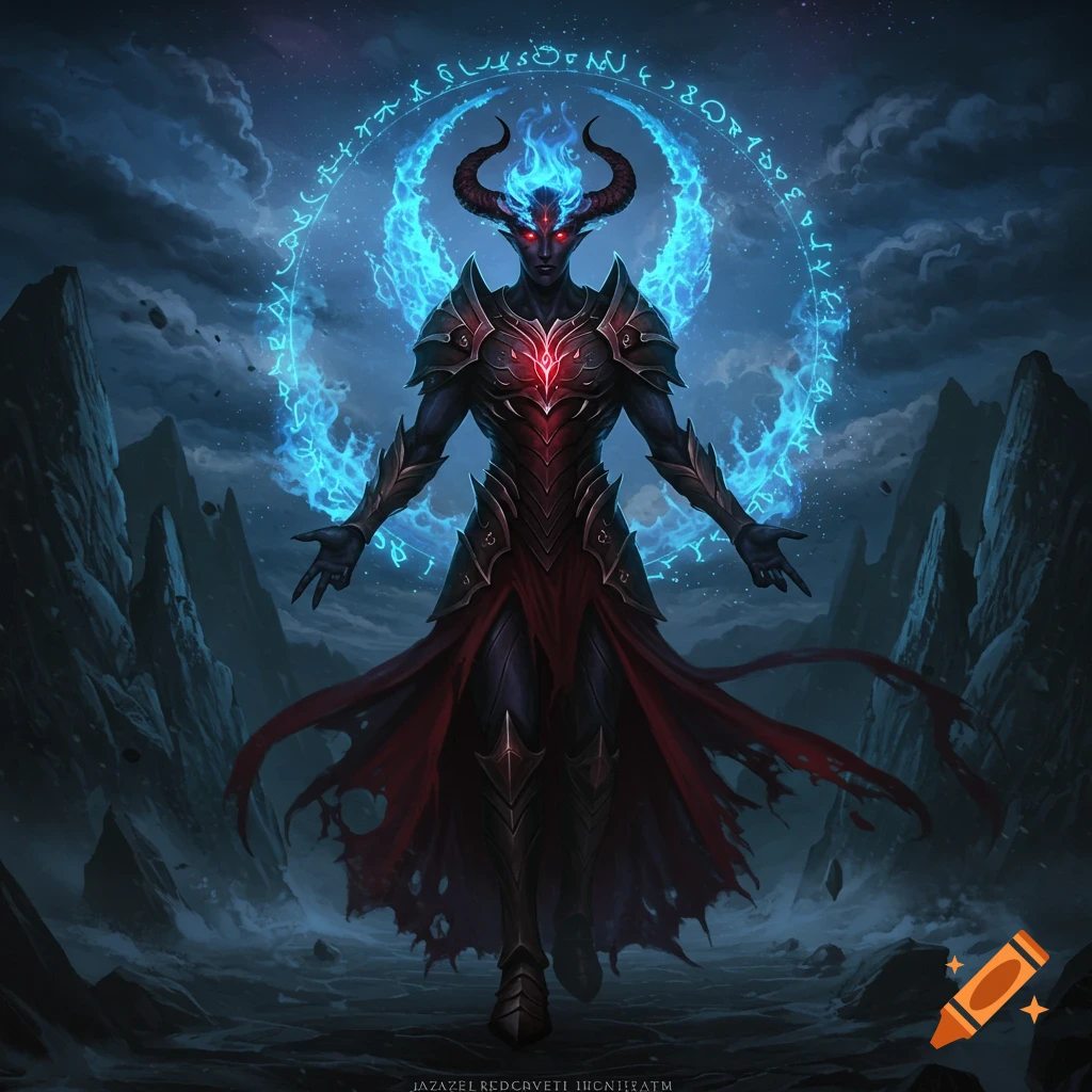 A dark-skinned horned demon with glowing red eyes and blue fiery hair ...