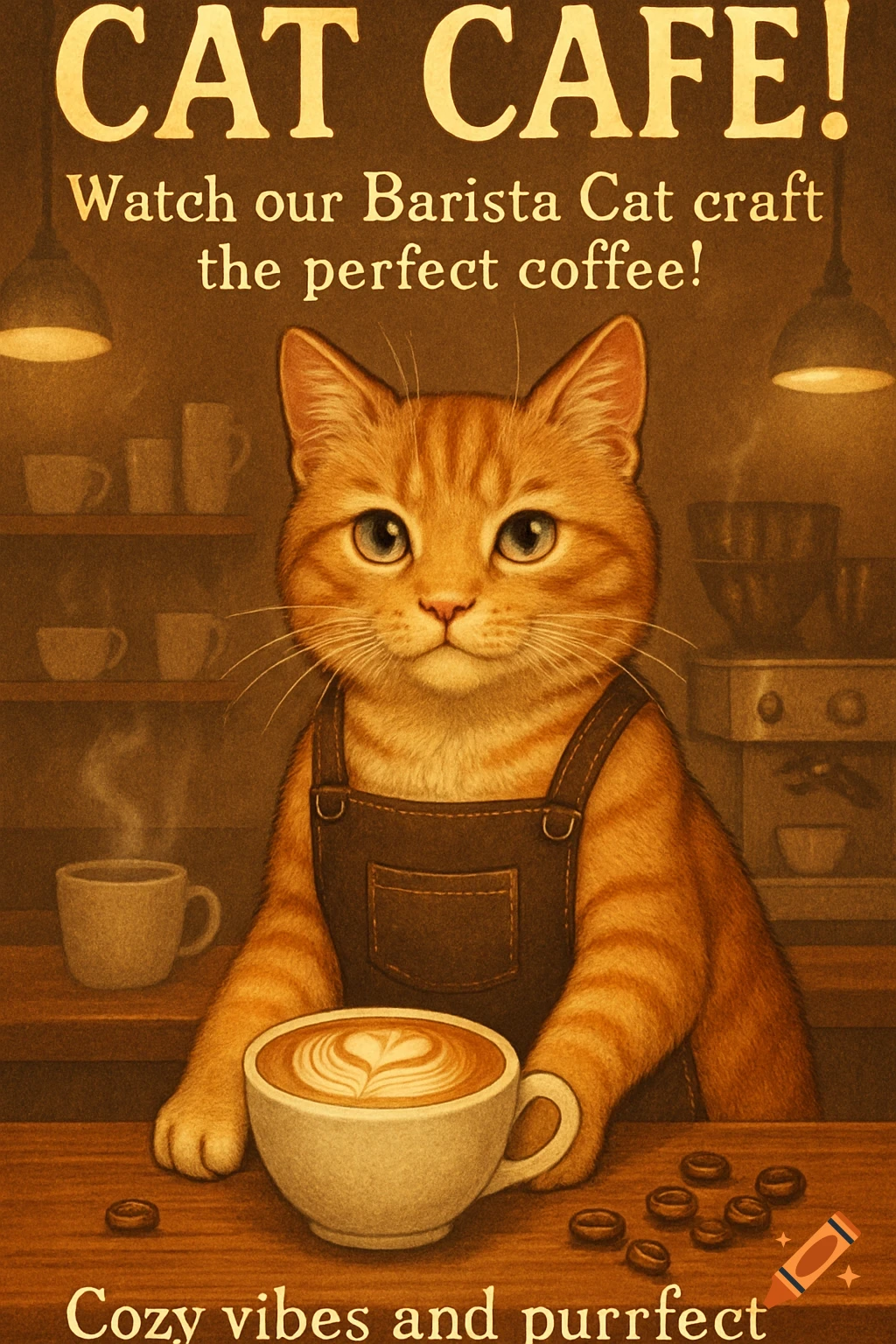 An orange tabby cat in a barista apron stands behind a counter holding ...
