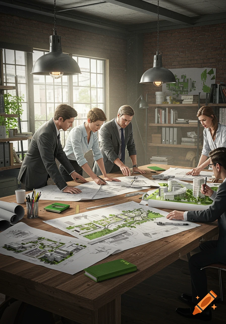 Photorealistic image of five architects collaborating around a large ...
